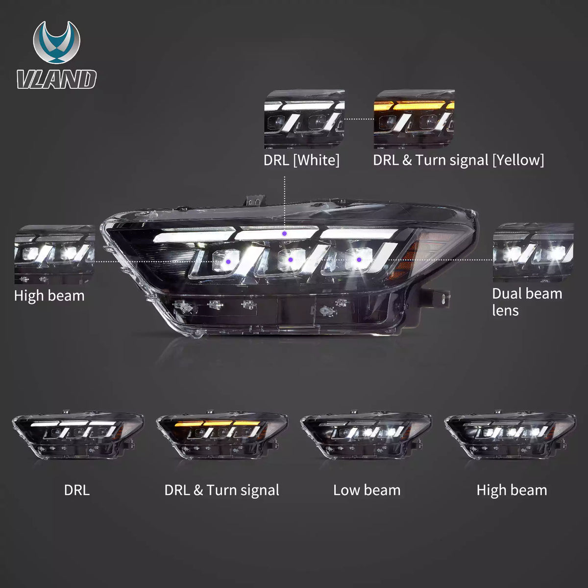 15-17 Ford Mustang LED Headlights Update 2024 S650 Style – VLAND ...