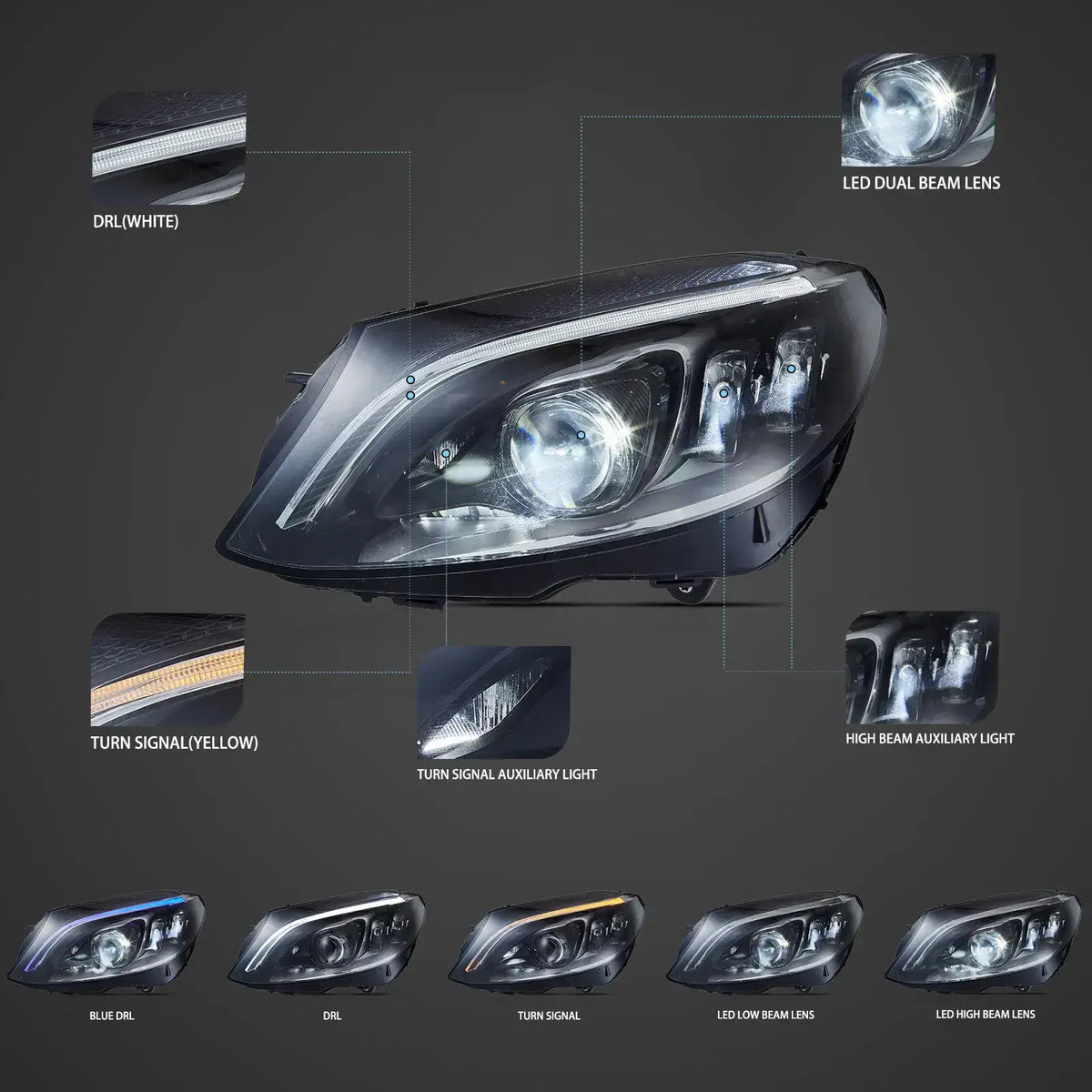 Vland 15-21 Mercedes-Benz C-Class (W205) LED Matrix Upgraded Headlight ...