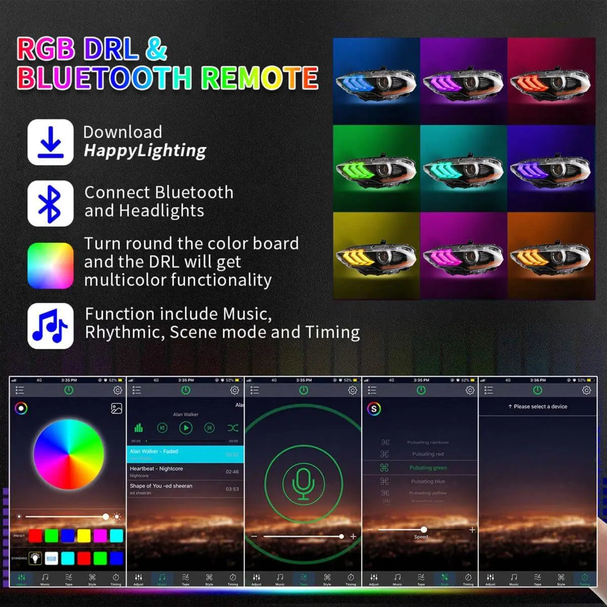 18-up Ford Mustang 6th Gen Vland LED Dual Beam Projector RGB HeadLight ...